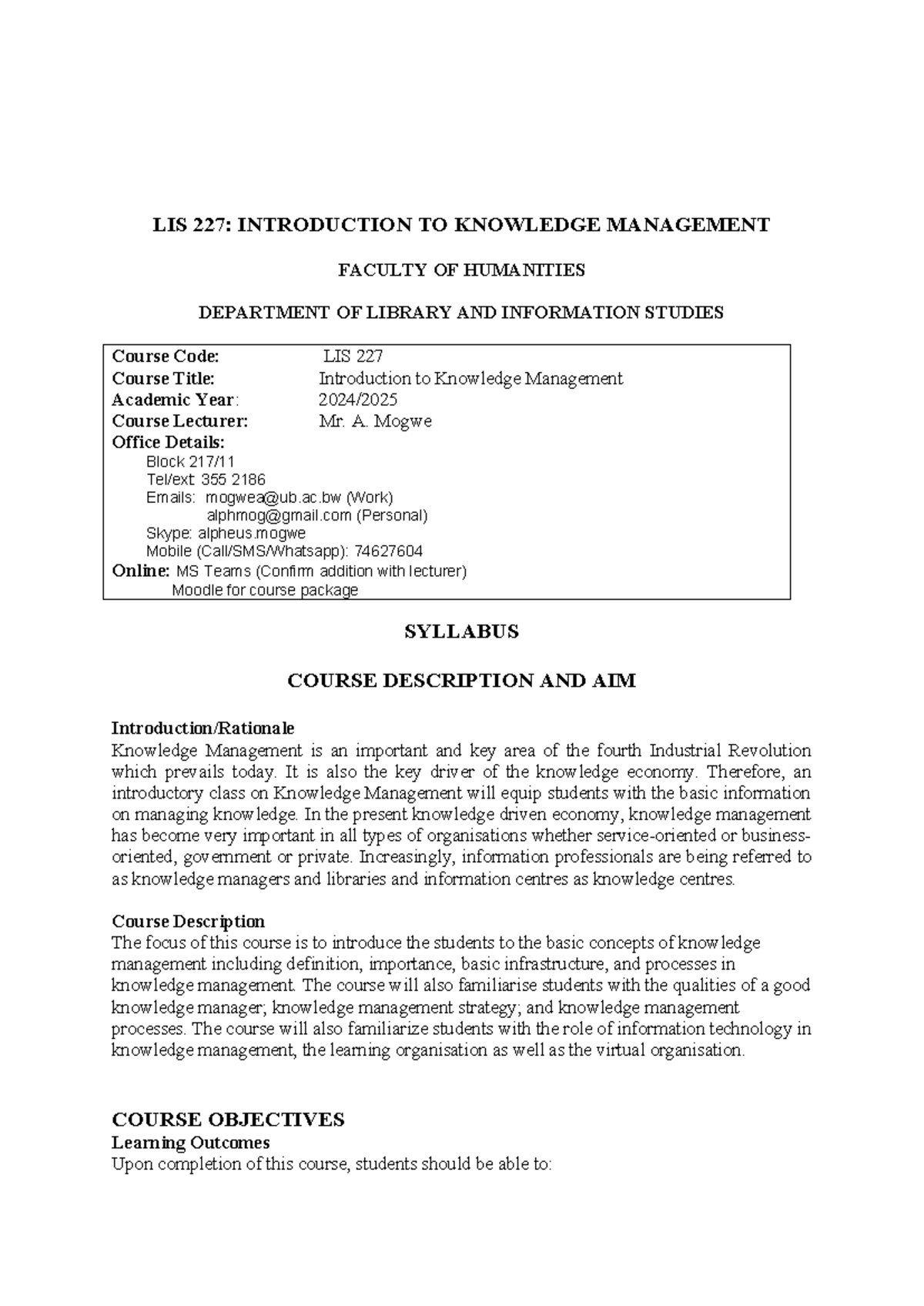 LIS 227: Course Outline for Introduction to Knowledge Management - Studocu