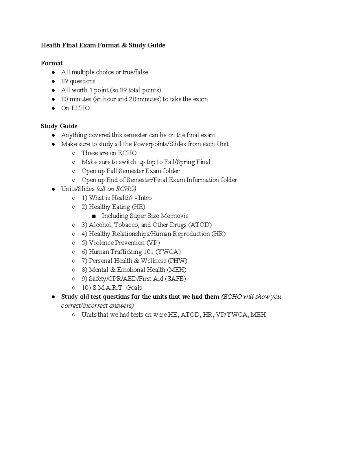 Health+Final+Exam+Format+&+Study+Guide+ - Health Final Exam Format ...