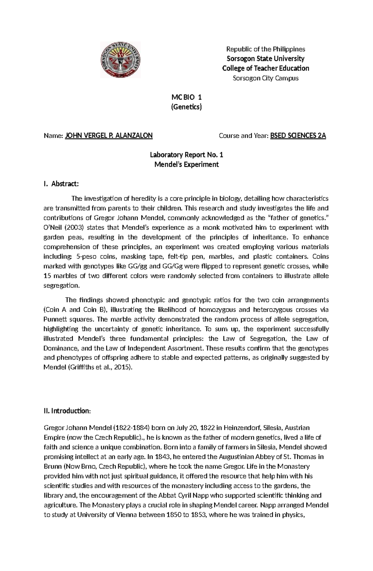 LAB Report No. 1: Mendelian Genetics Experiment (MC BIO 1) - Studocu