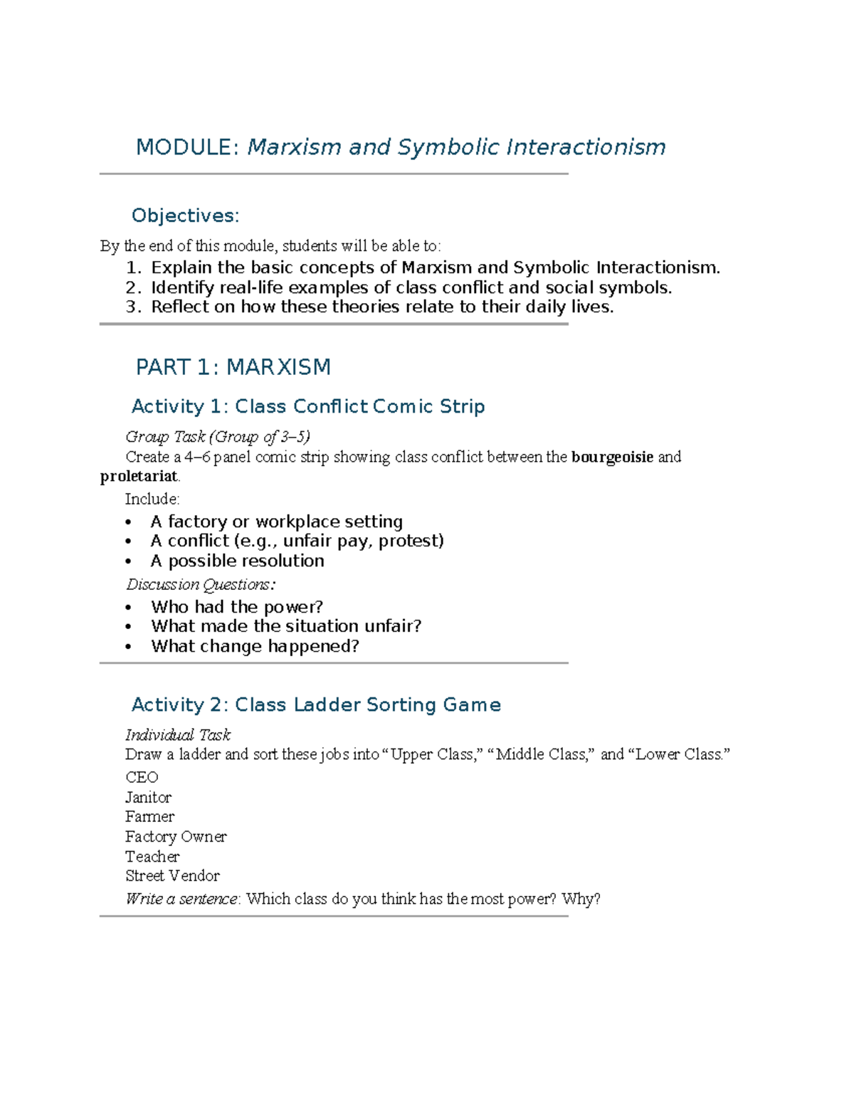 DISS Module Activities: Marxism, Symbolic Interactionism & Operant ...