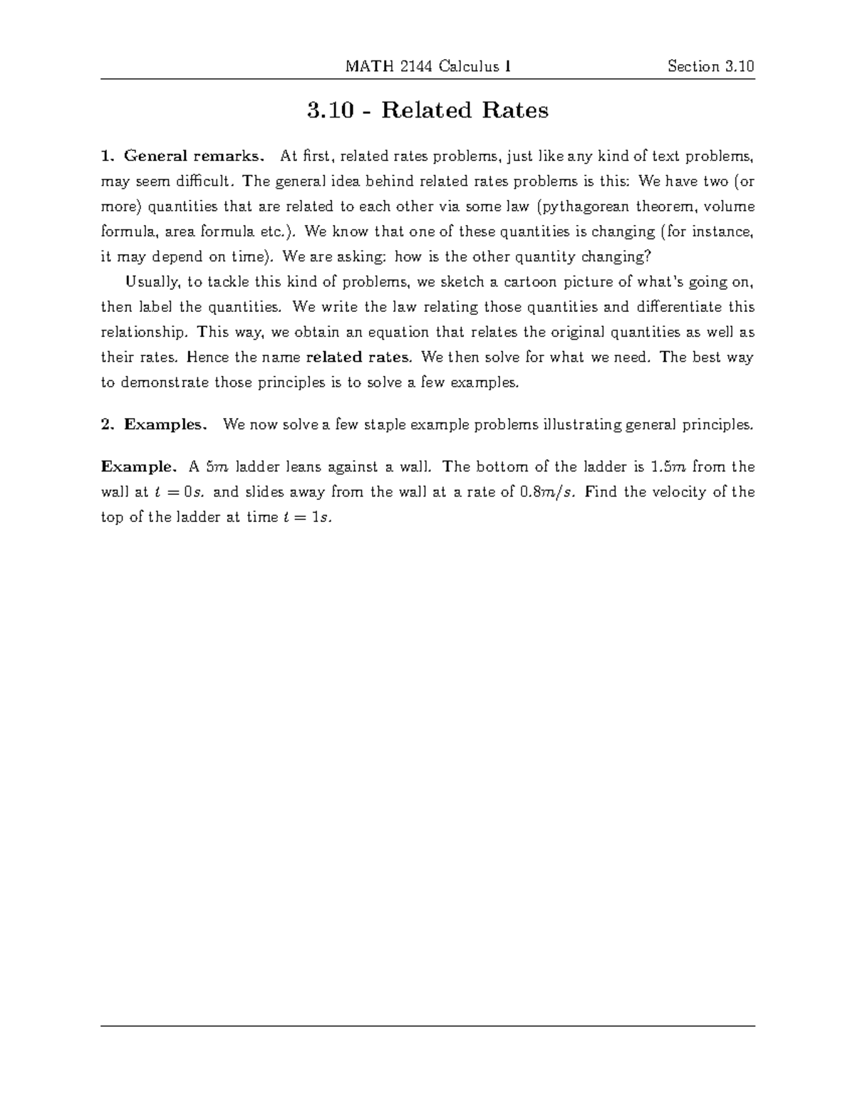 MATH 2144 Calculus I: Section 3.10 Related Rates Notes - Studocu