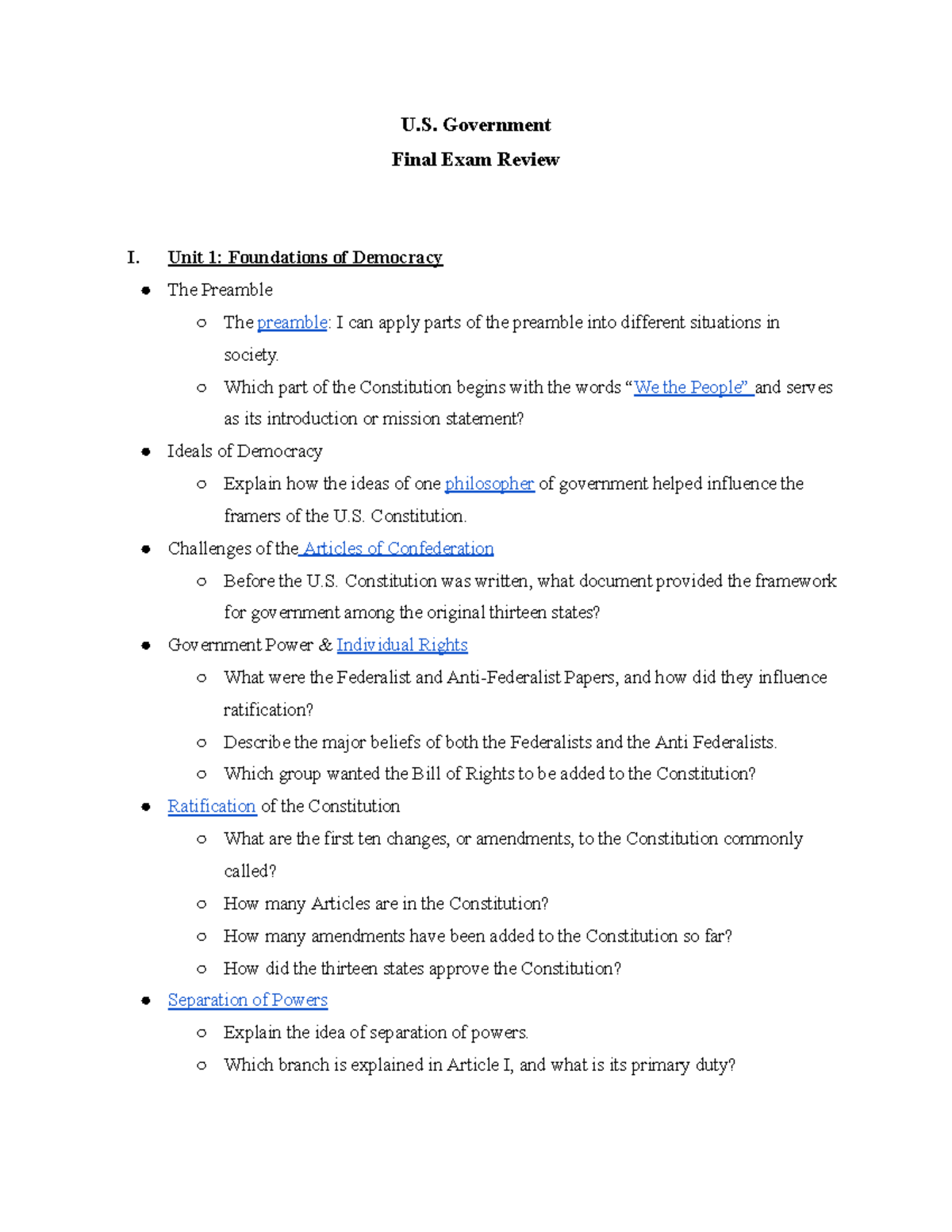 U.S. Government Final Exam Review Notes: Foundations & Branches - Studocu