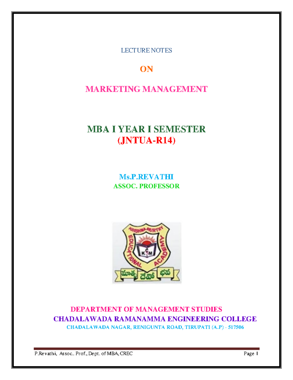 MBA I Year I Sem LECTURE NOTES: Marketing Management (14E00103) - Studocu