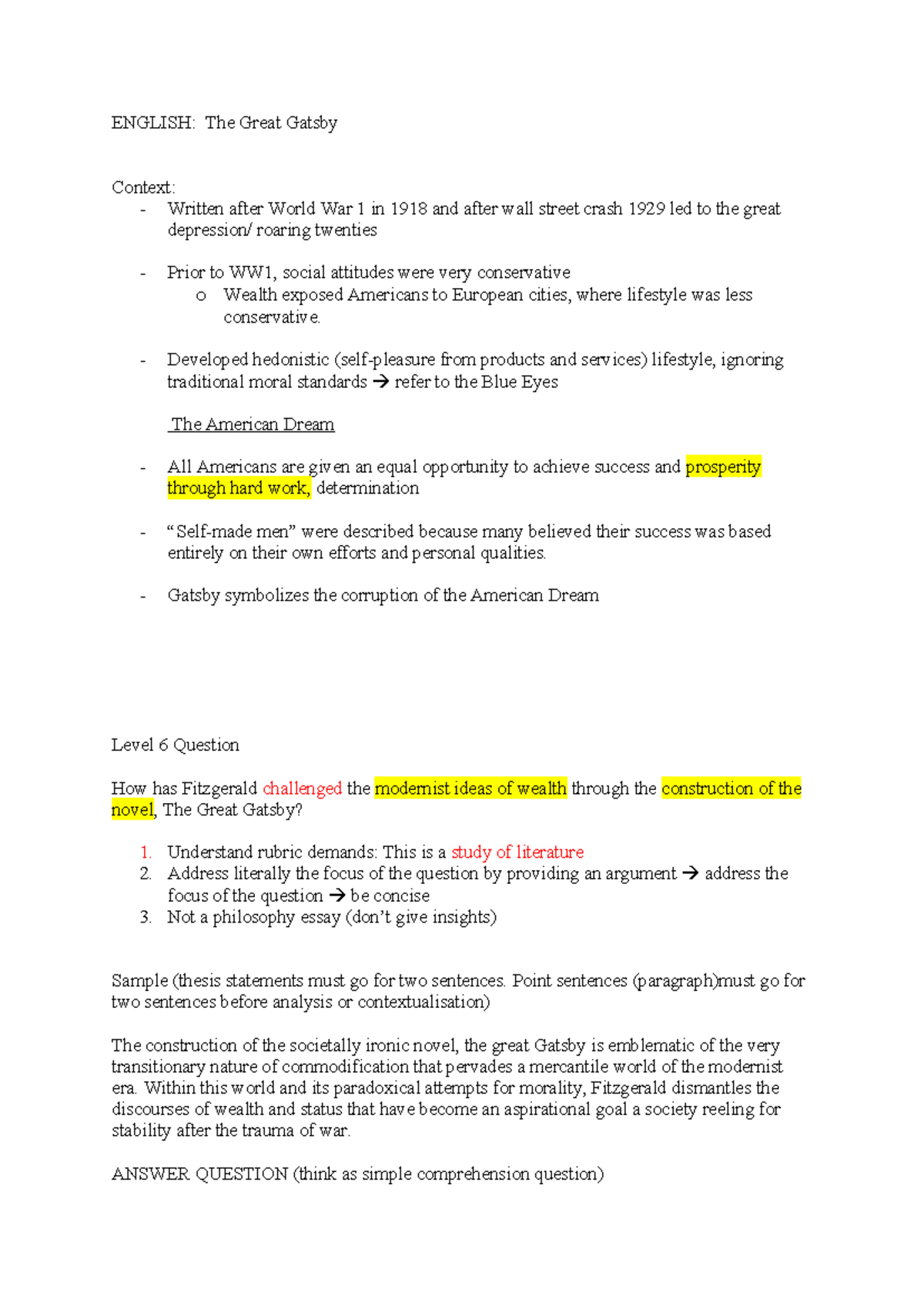 ENGLISH: The Great Gatsby Context & Modernist Wealth Analysis - Studocu