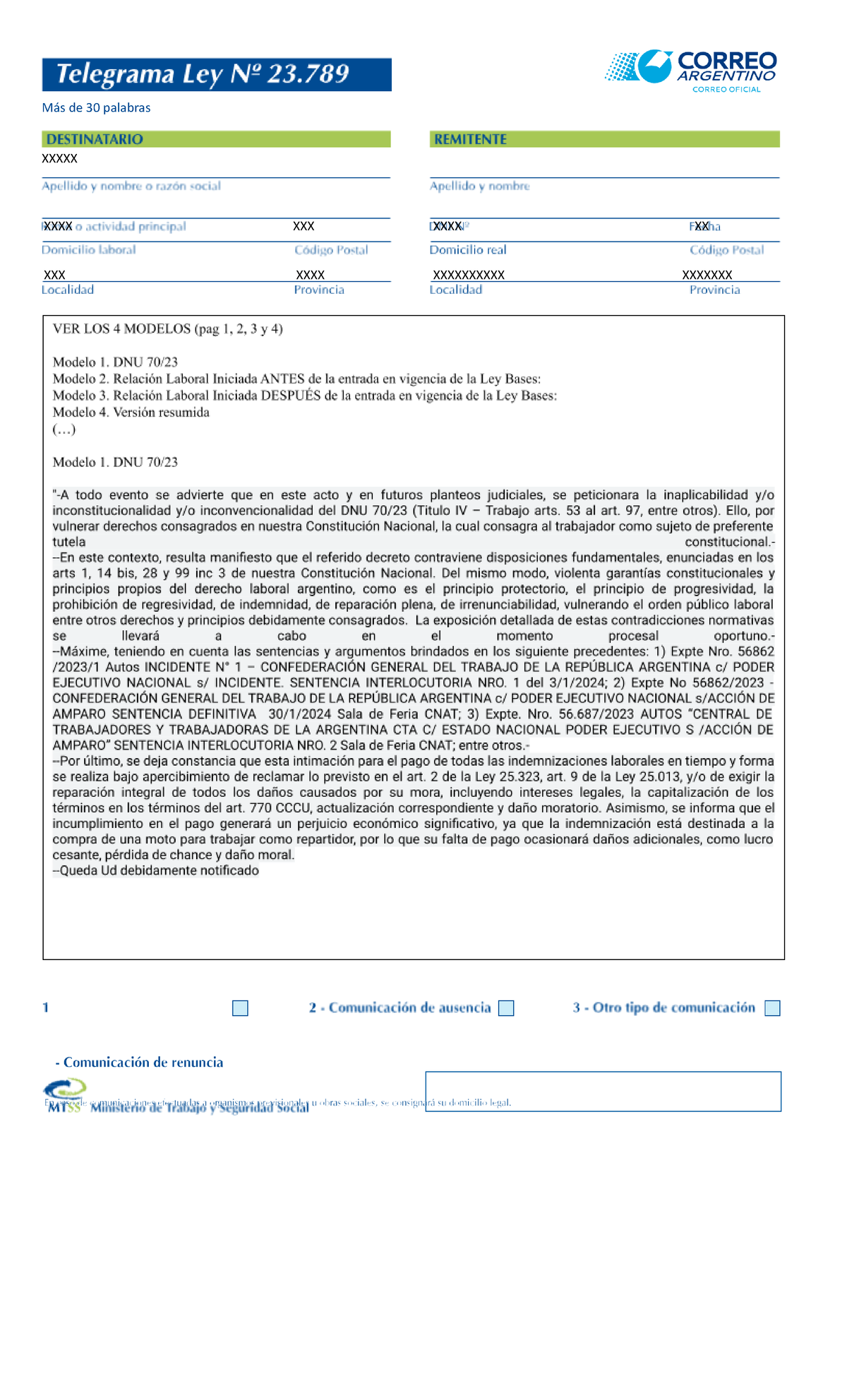 Modelo de Telegrama según DNU 70-23 y Ley de Bases - 1 - Studocu