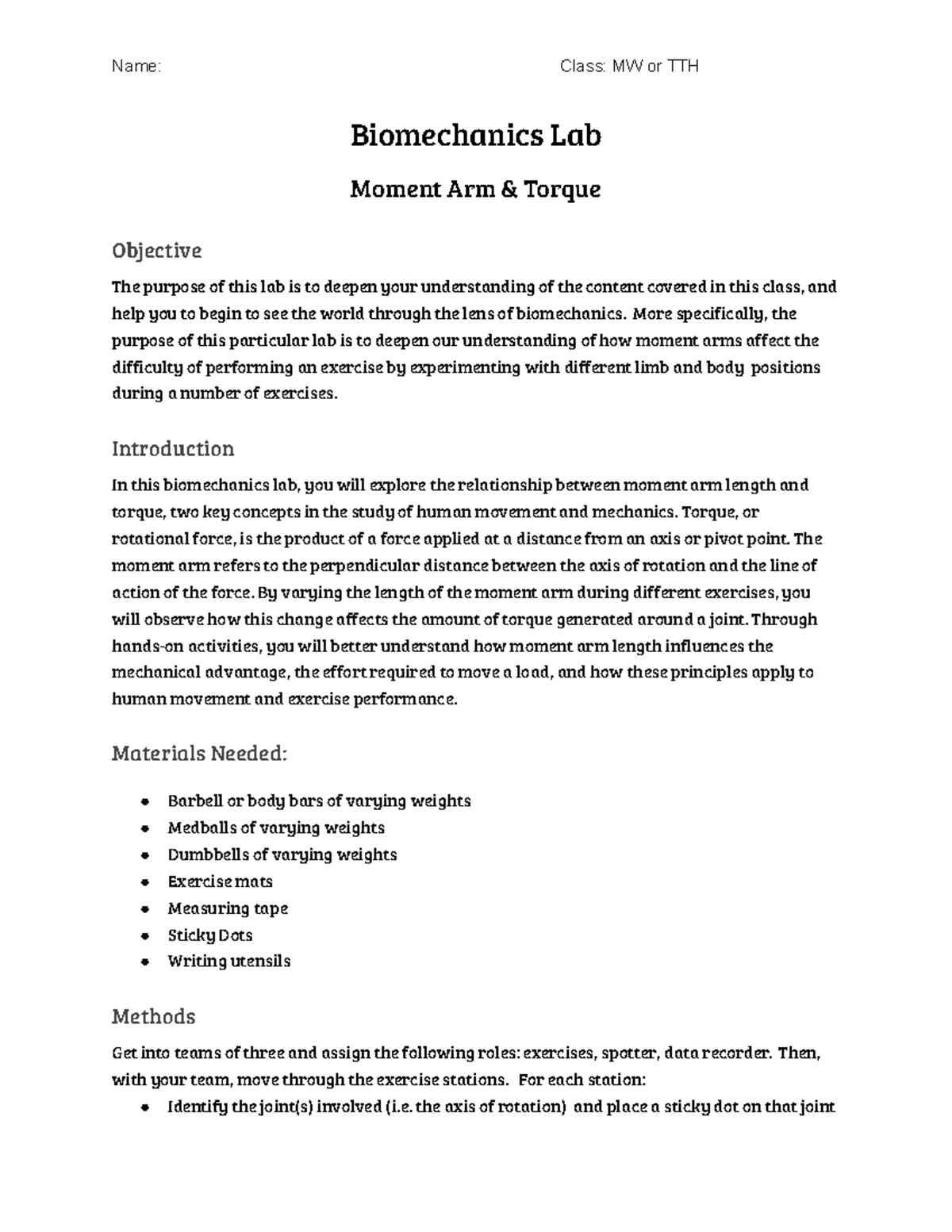 Biomechanics Lab: Moment Arm & Torque Analysis (MW/TTH) - Studocu