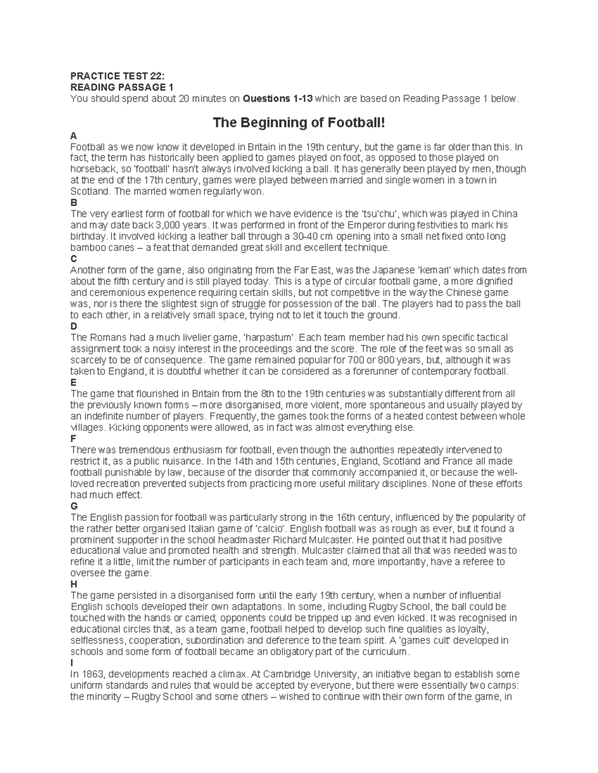 PRACTICE TEST 22: READING PASSAGE 1 - FOOTBALL HISTORY AND INFLUENCE ...