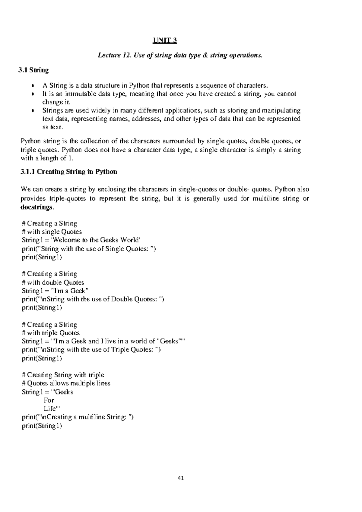 UNIT 3 Lecture 12: Python String Data Type and Operations - Studocu