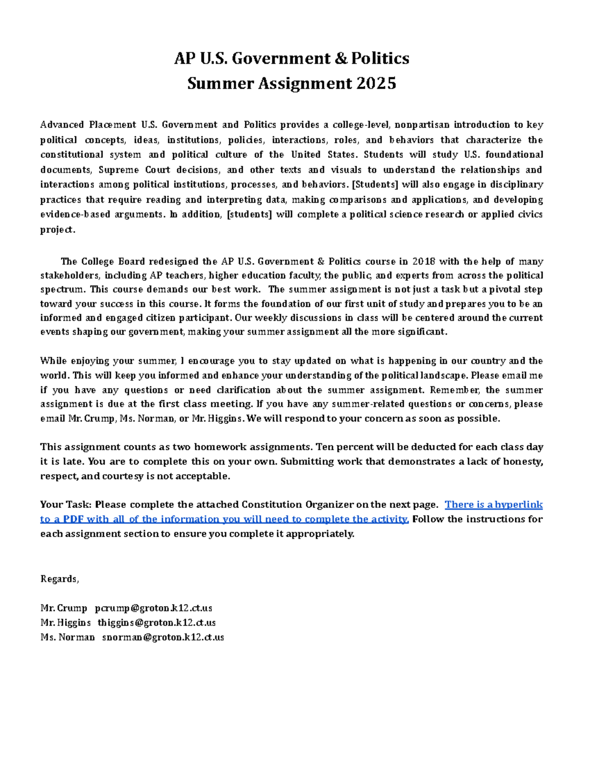 AP U.S. Government Politics Summer Assignment 2025 Overview - Studocu