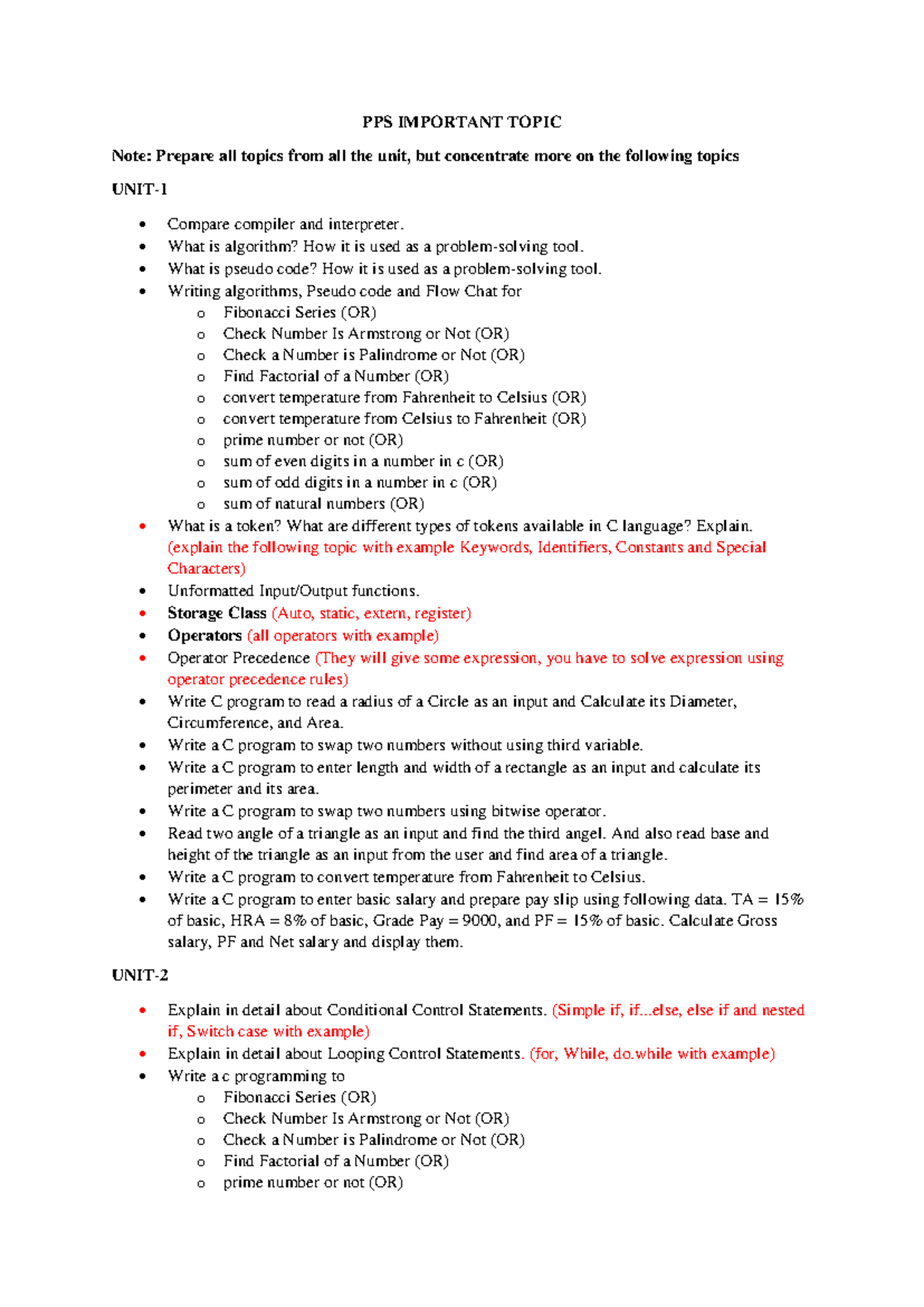 PPS Final Exam Important Topics: Algorithms, C Programming & Python - Studocu