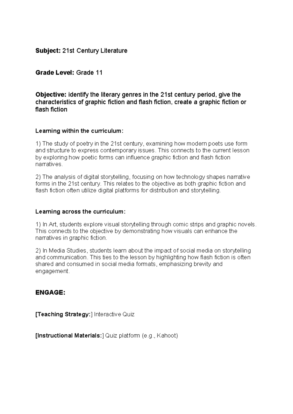 21st Century Literature Lesson Plan for Grade 11: Genres & Fiction ...