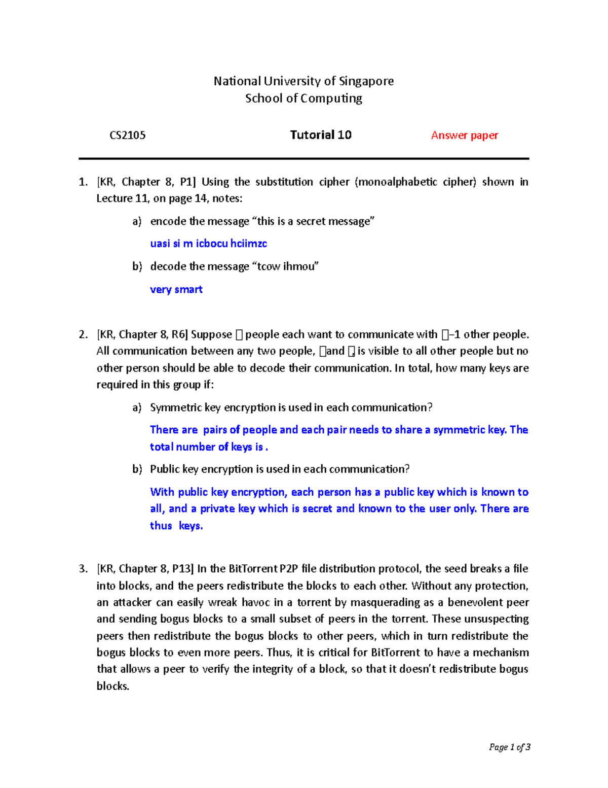 Tutorial 10 answer for - National University of Singapore School of ...