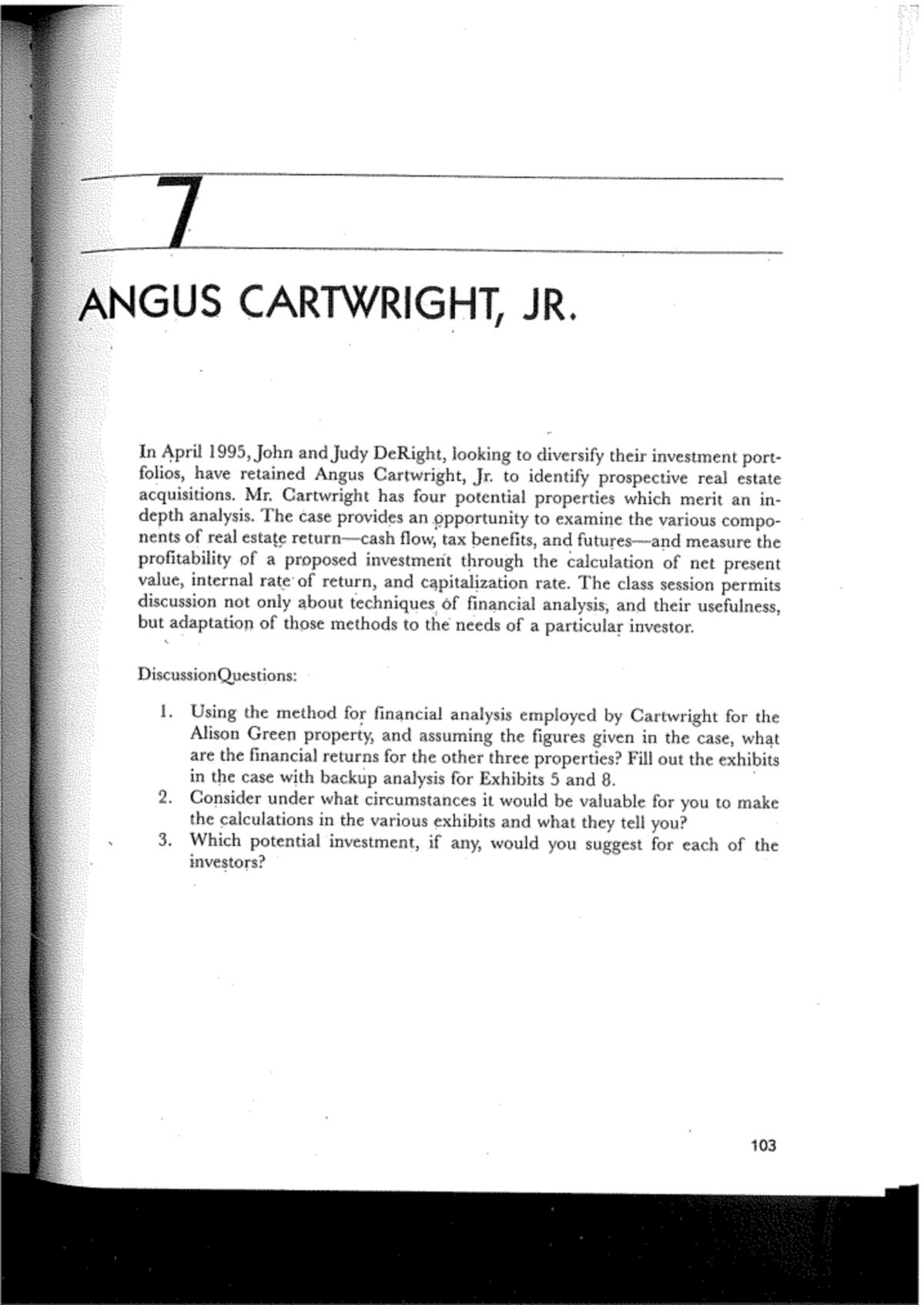 Case Study: Investment Analysis by Angus Cartwright, Jr. - Studocu