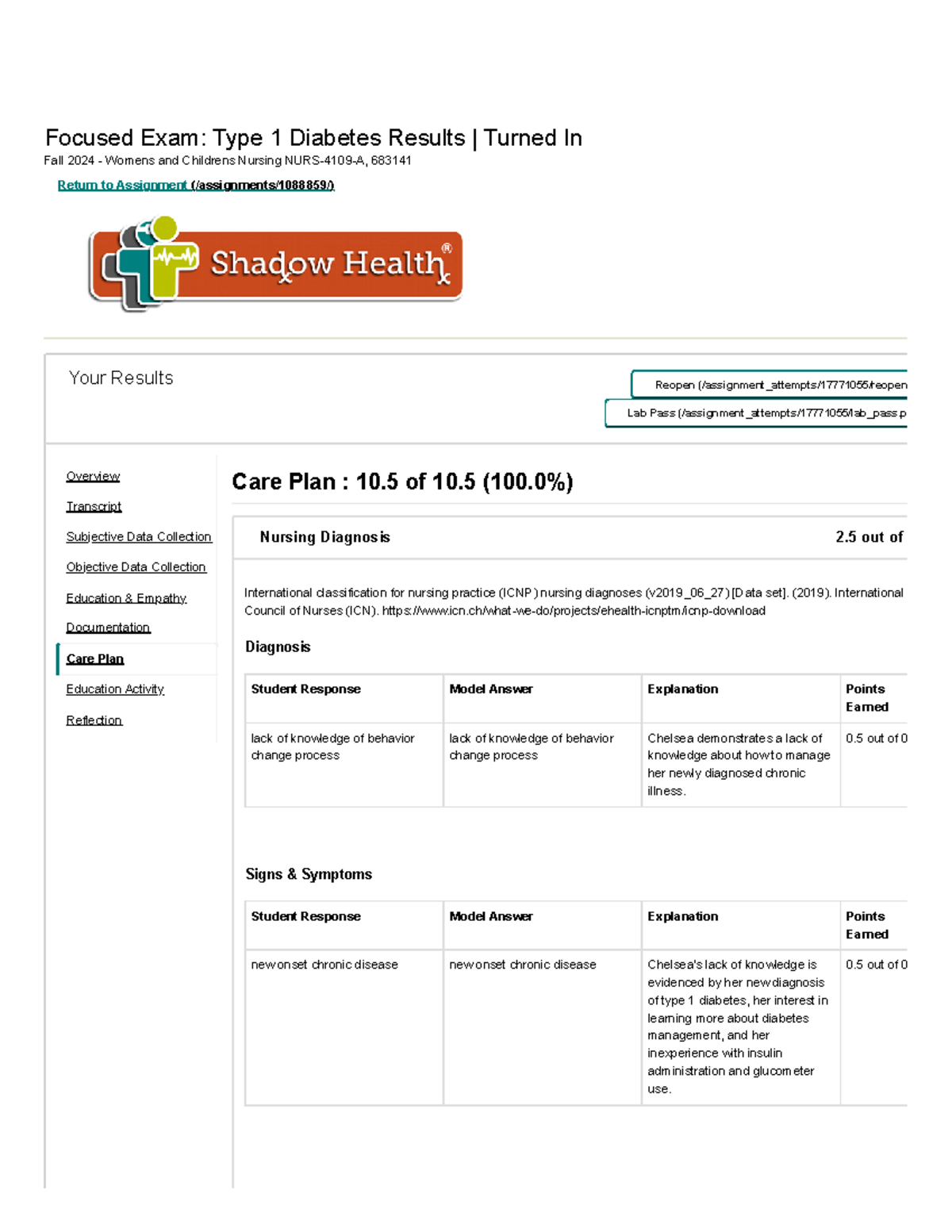 Chelsea's Type 1 Diabetes Care Plan - NURS-4109-A, Fall 2024 - Studocu