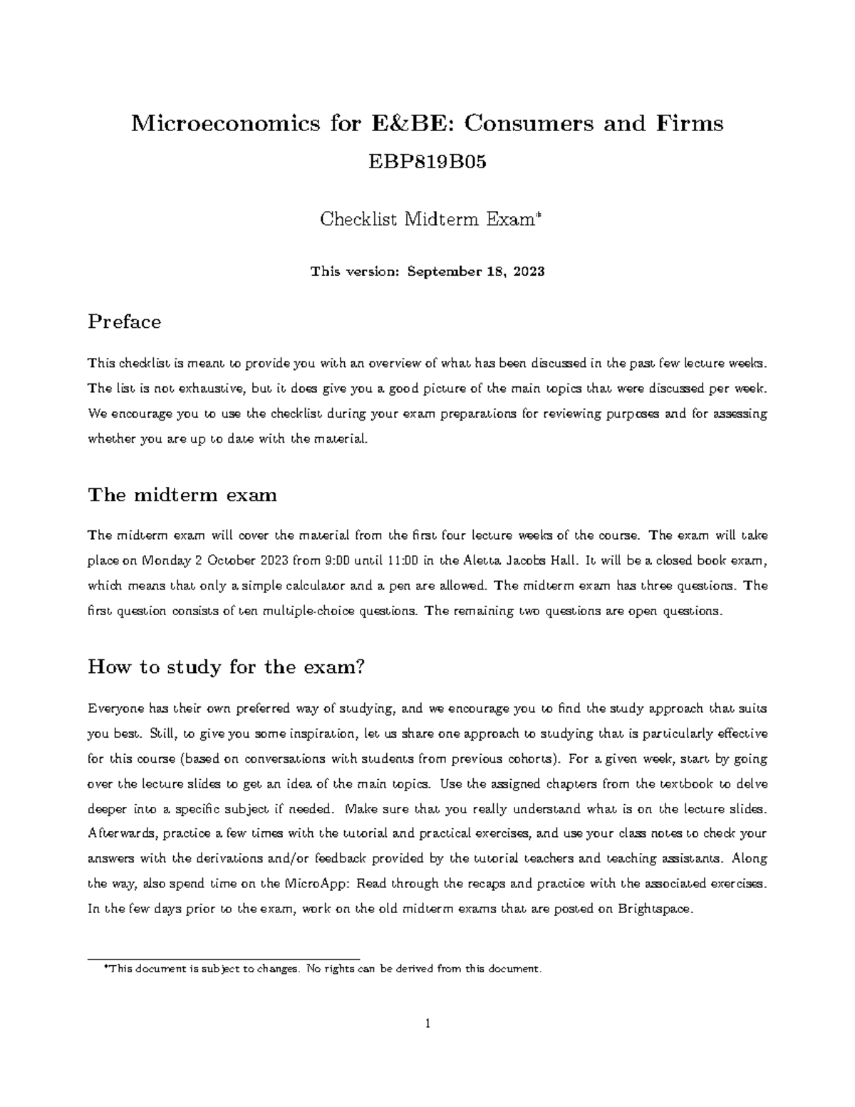Midterm Exam Checklist for EBP819B - Microeconomics 2022-2023 - Studeersnel