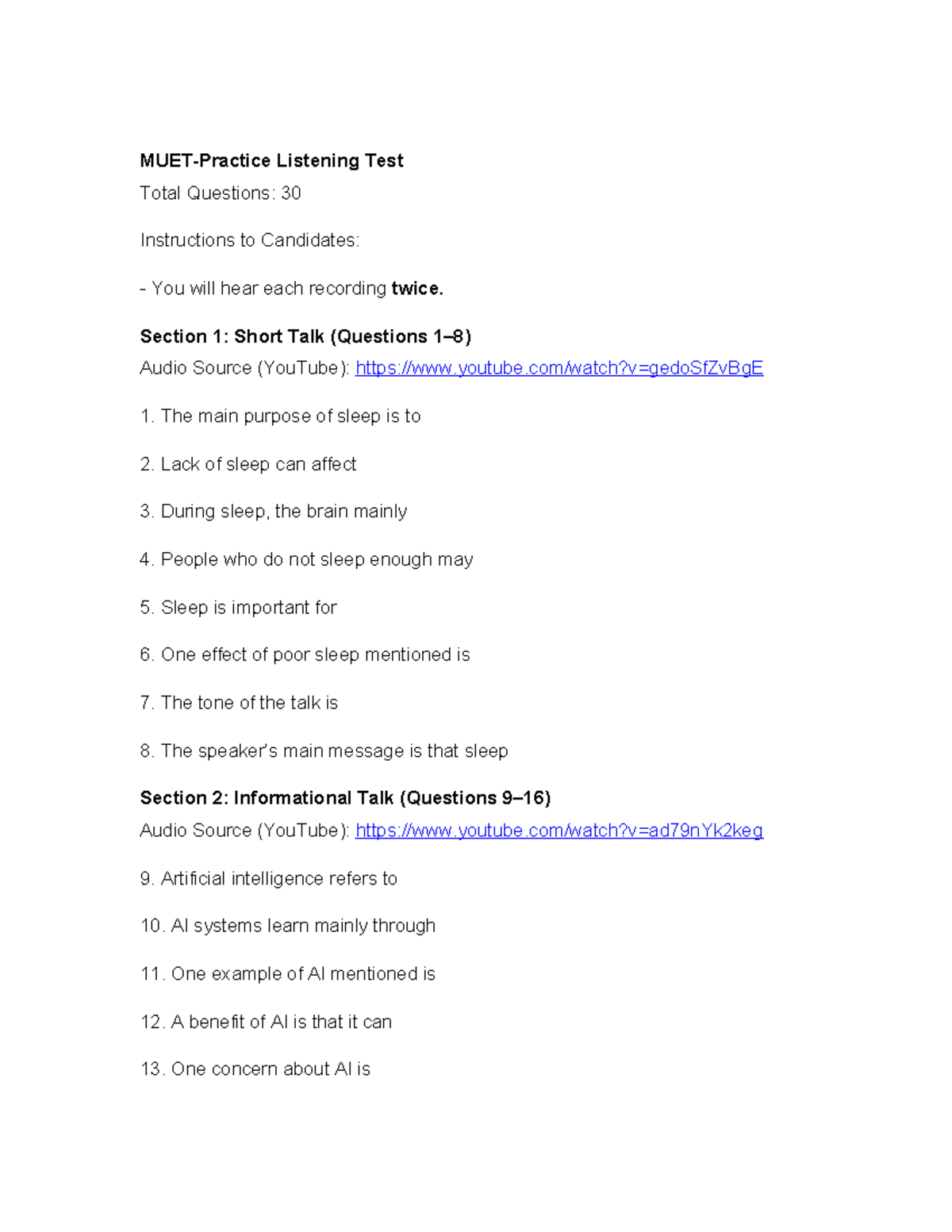 MUET Listening Test: Practice Questions & Instructions - Studocu
