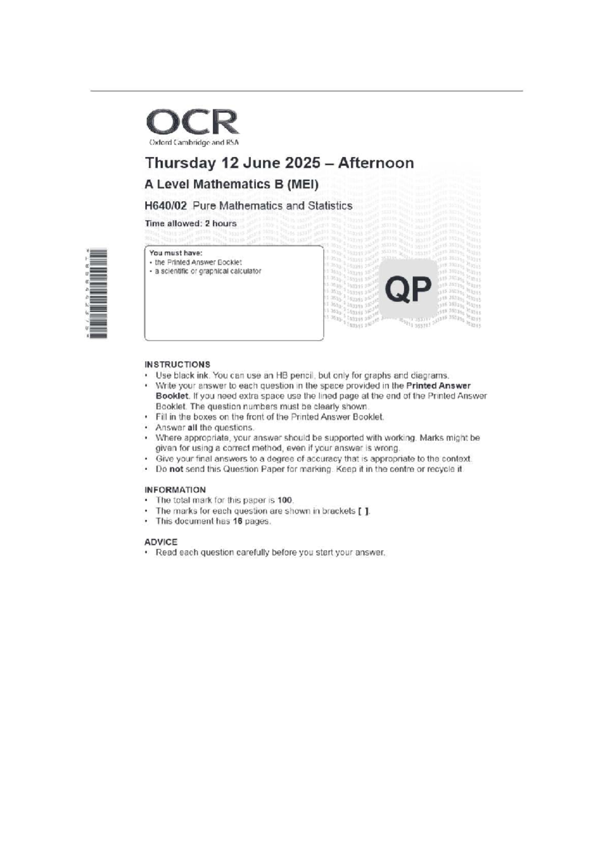 2025 OCR A Level Mathematics B (MEI) H640/02 Pure Math & Stats Exam ...