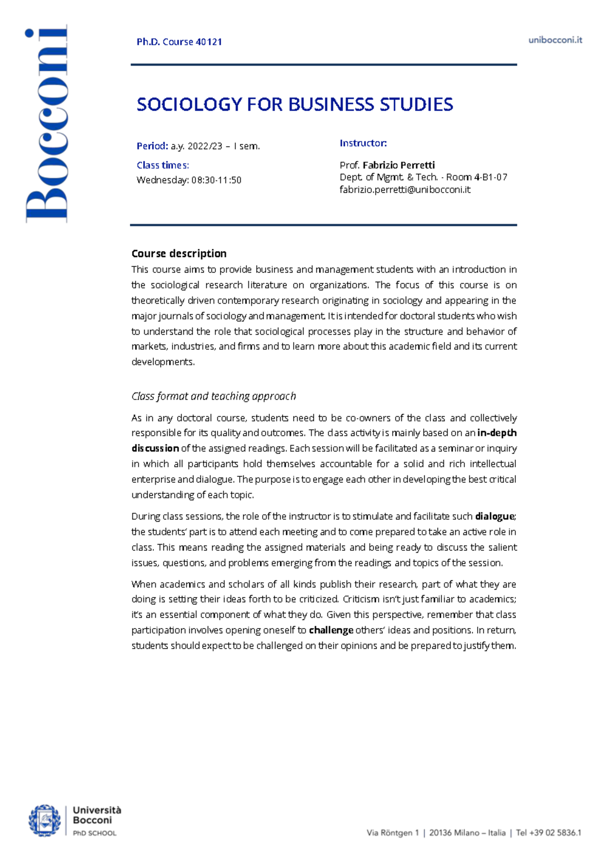 Perretti Sociology for Business Studies syllabus ay 2022 2023 - Course ...