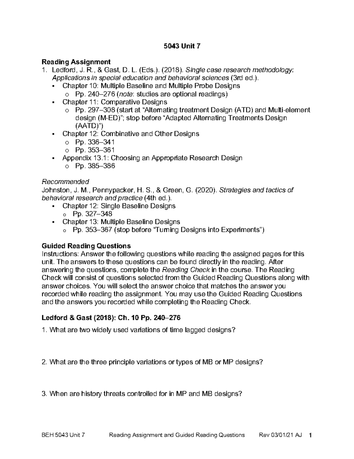 BEH 5043 Unit 7 Reading Assignment and Guided Reading Questions - R., & Gast, D. L. (Eds ...