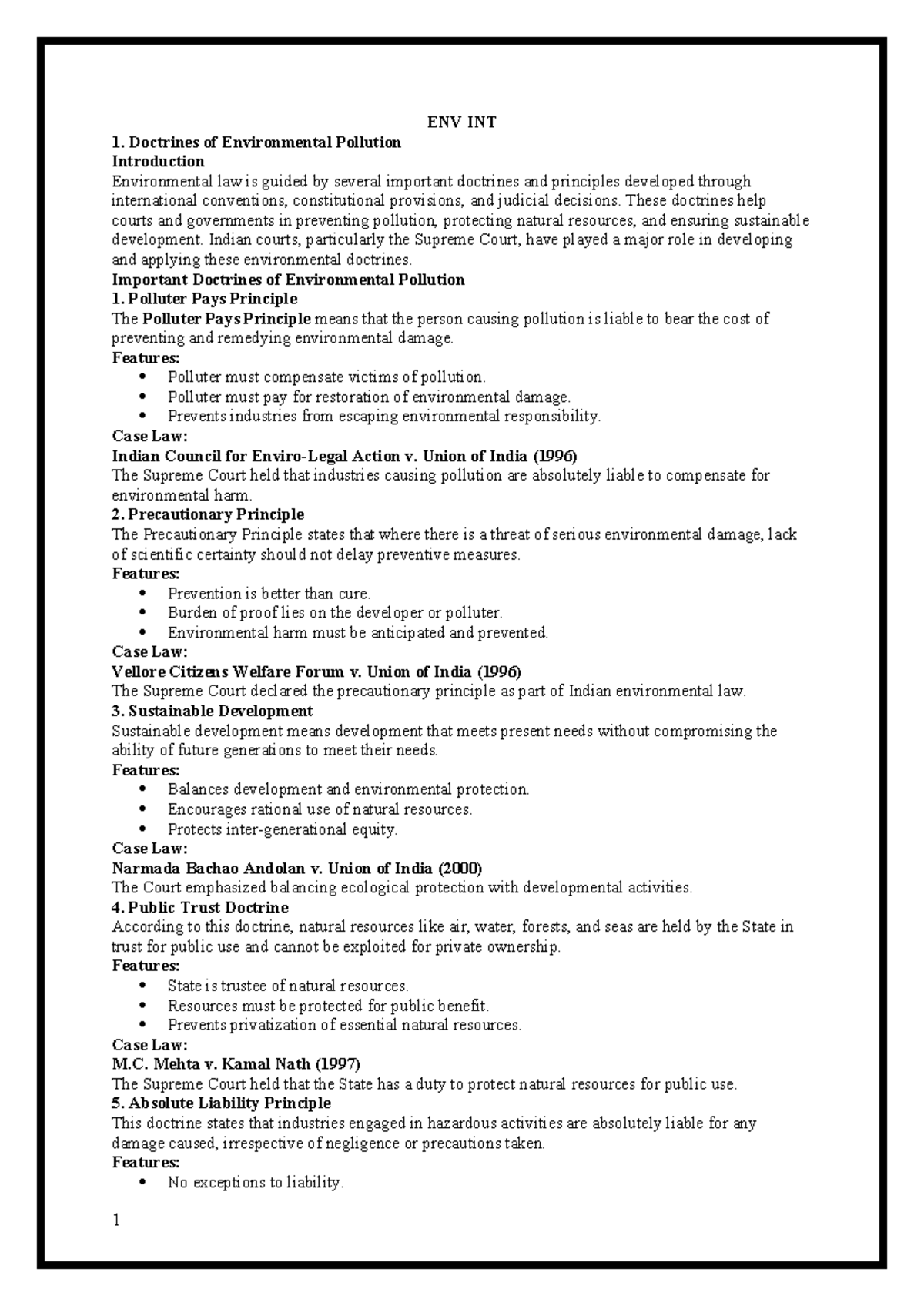 ENV INT 1. Doctrines of Environmental Pollution: Key Principles and ...