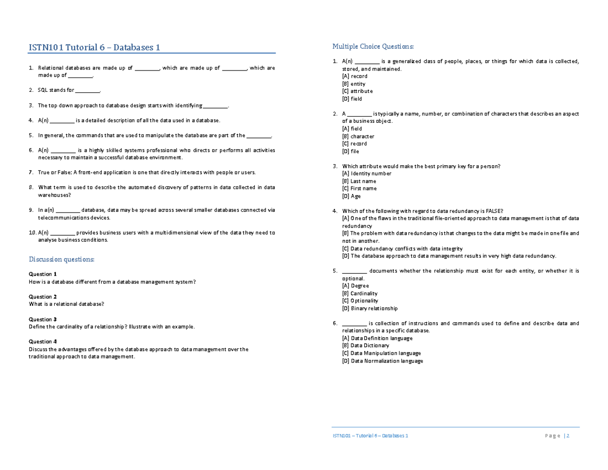 ISTN101 Tutorial 6: Understanding Databases and SQL Concepts - Studocu