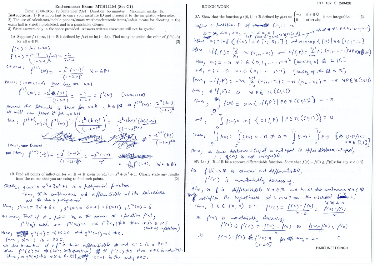 MTH111M Endsem Exam Part 1: Rough Work & Solutions - Studocu