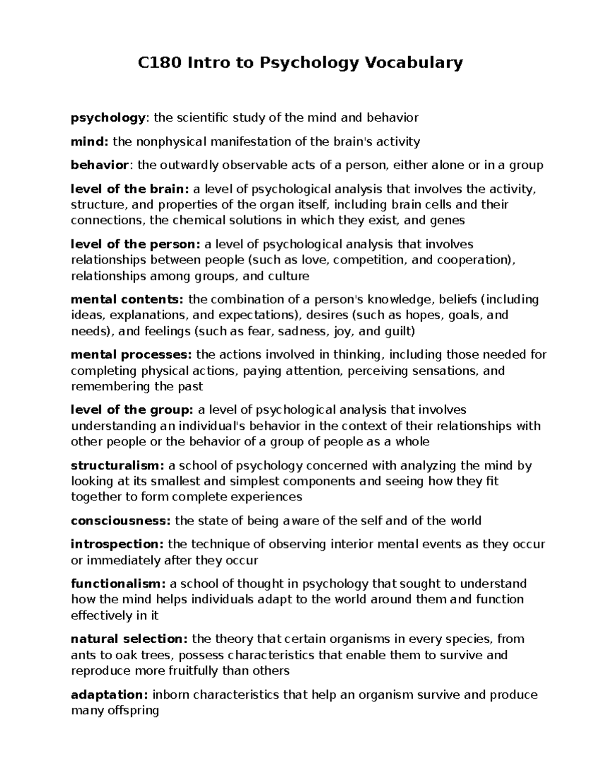 C180 Intro to Psychology: Key Vocabulary Terms and Concepts - Studocu