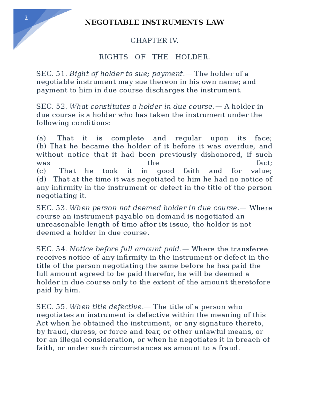Codal Provisions Module 2 Read Sections 51 to 69 - NEGOTIABLE INSTRUMENTS LAW CHAPTER IV. RIGHTS ...