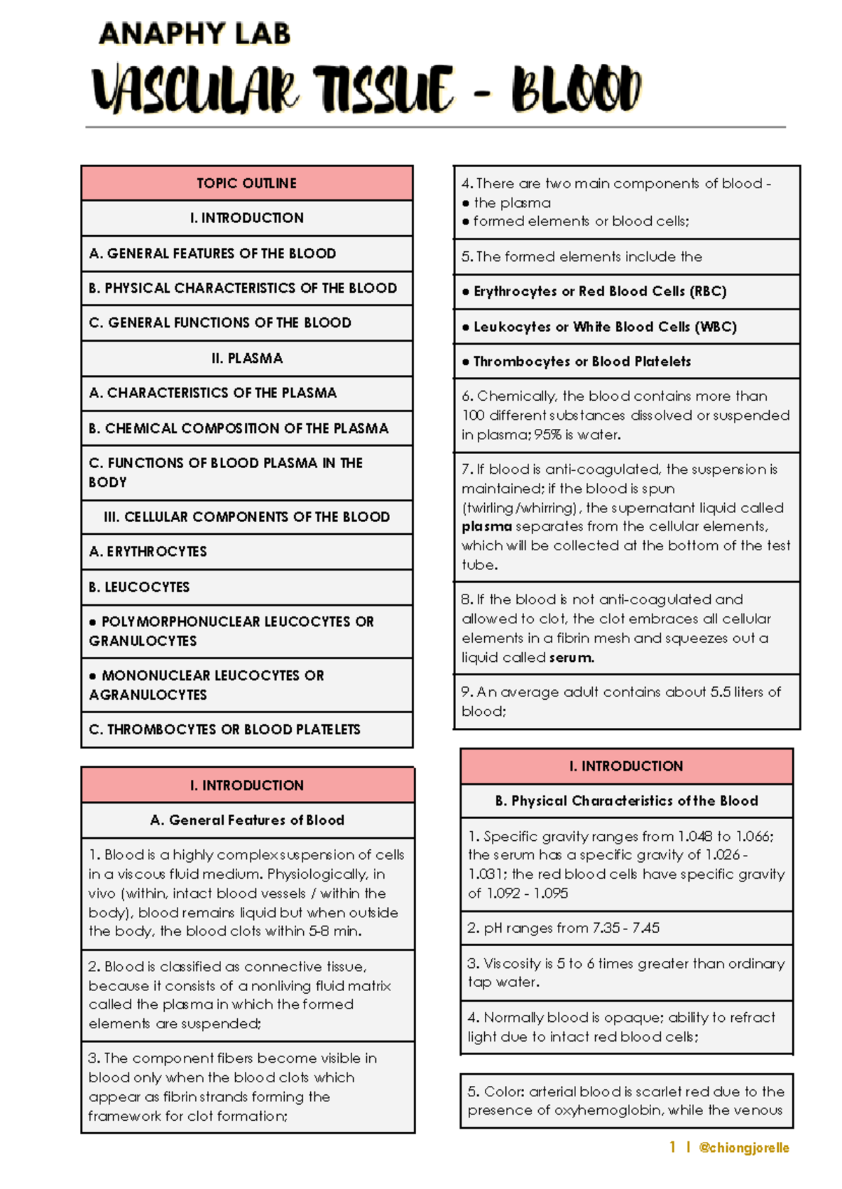 Vascular Tissue - Blood - TOPIC OUTLINE I. INTRODUCTION A. GENERAL ...