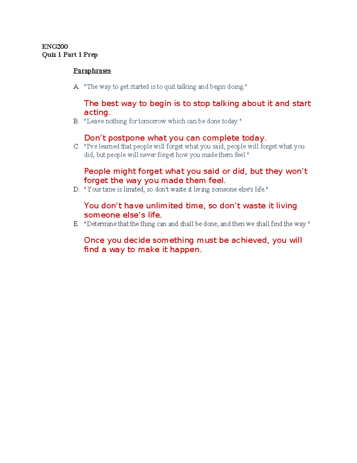 ENG200 Quiz 1 Part 1 Prep: Paraphrasing Techniques - Studocu