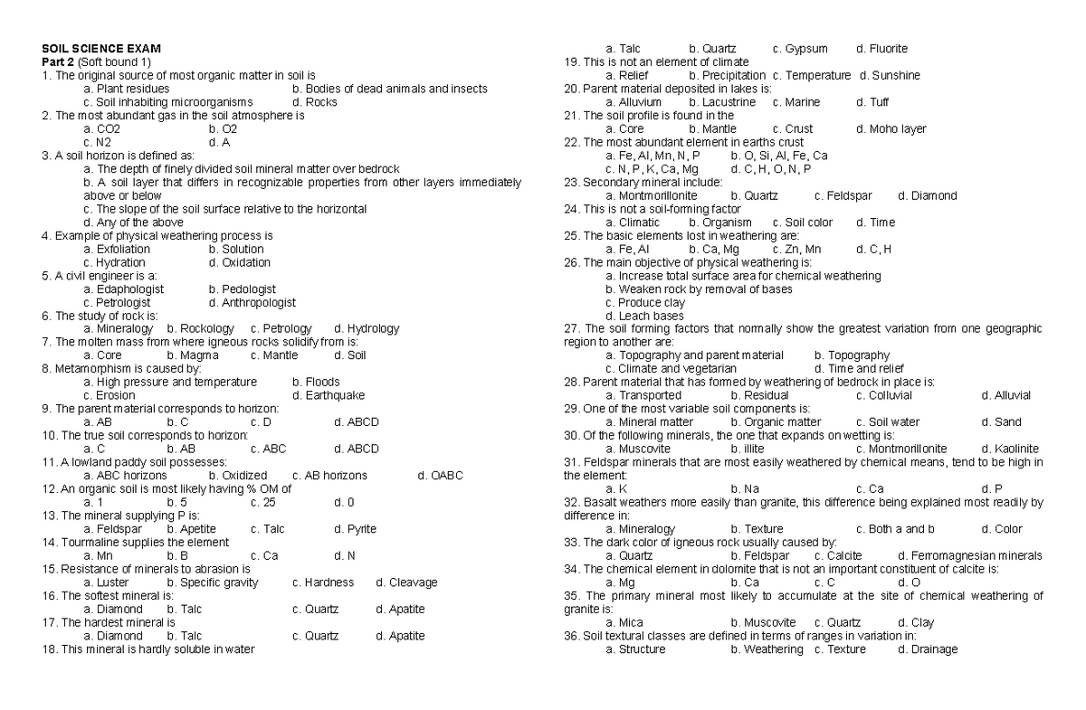 Final Exam Answer Key: Soil Science (Course Code: SSC 101) - Studocu