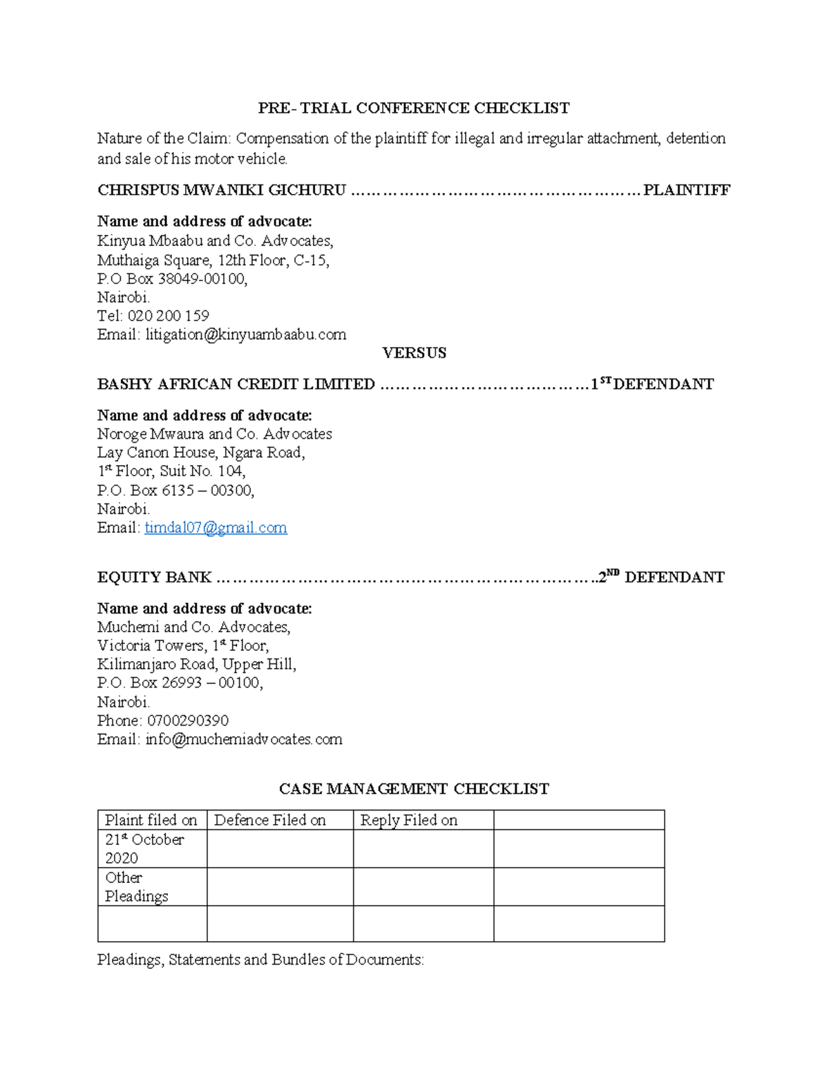 Case Management Checklist for Pre-Trial Conference: Gichuru v. Bashy ...