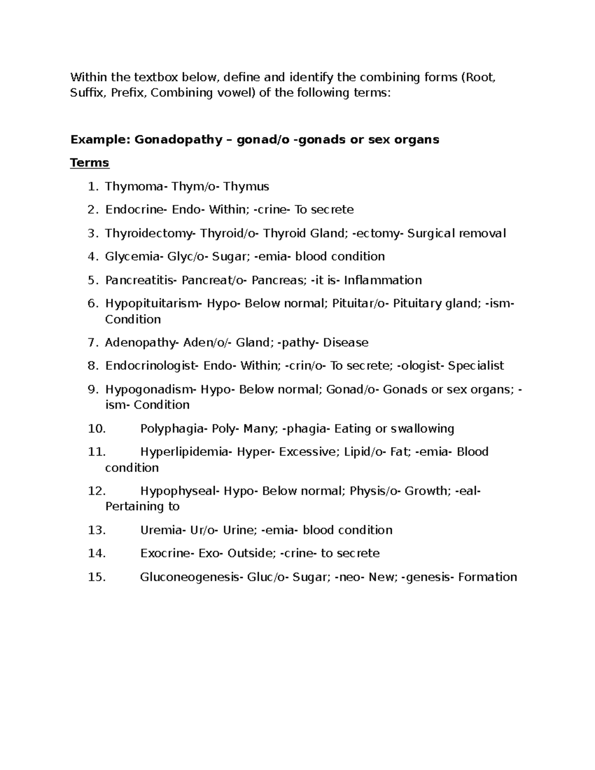 Unit 4- Med Term Endocrine - Within the textbox below, define and identify the combining forms ...