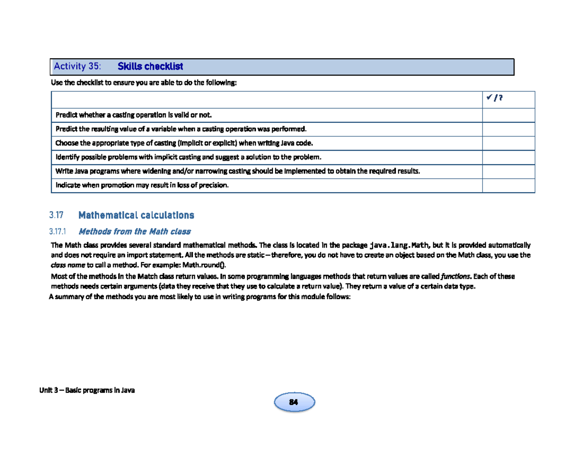 Math Class - Study hard - Activity 35: Skills checklist Use the ...