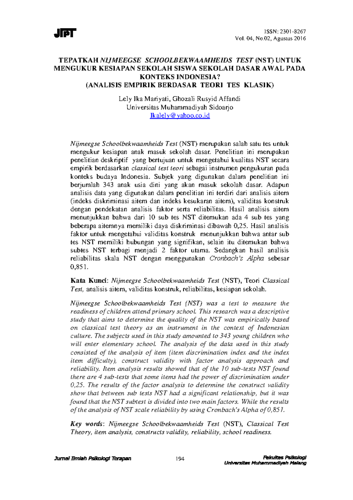 Analisis Empirik Nijmeegse Schoolbekwaamheids Test (NST) untuk Kesiapan ...