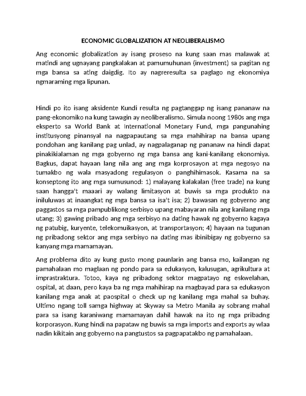 ECON 101: Economic Globalization and Neoliberalism Insights - Studocu