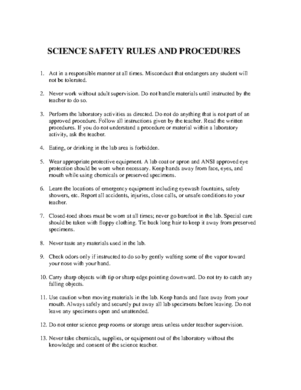 SCI 3 - Lab Safety Rules and Procedures Notes - Studocu