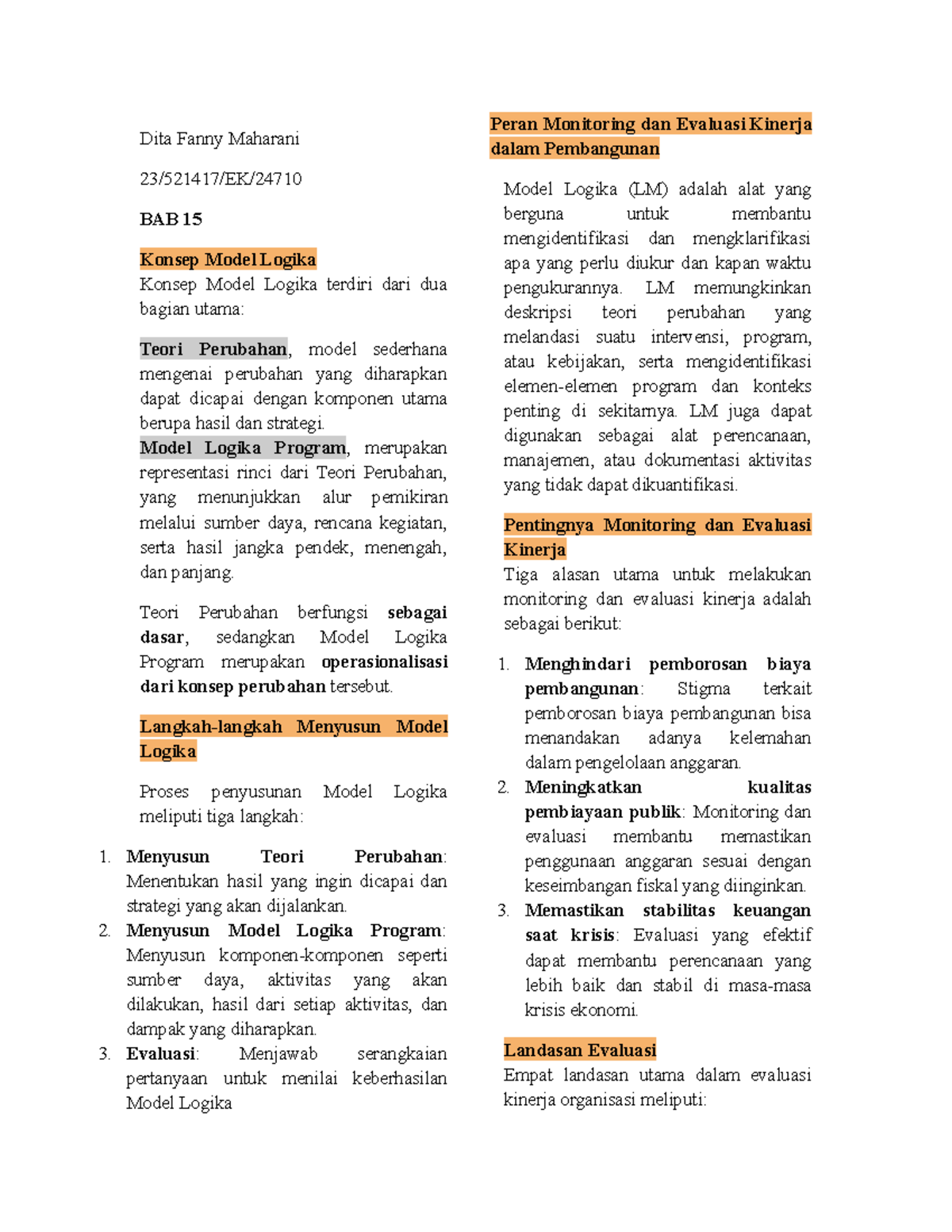 Ikhtisar Bab 15: Model Logika & Evaluasi Kinerja Program - Studocu