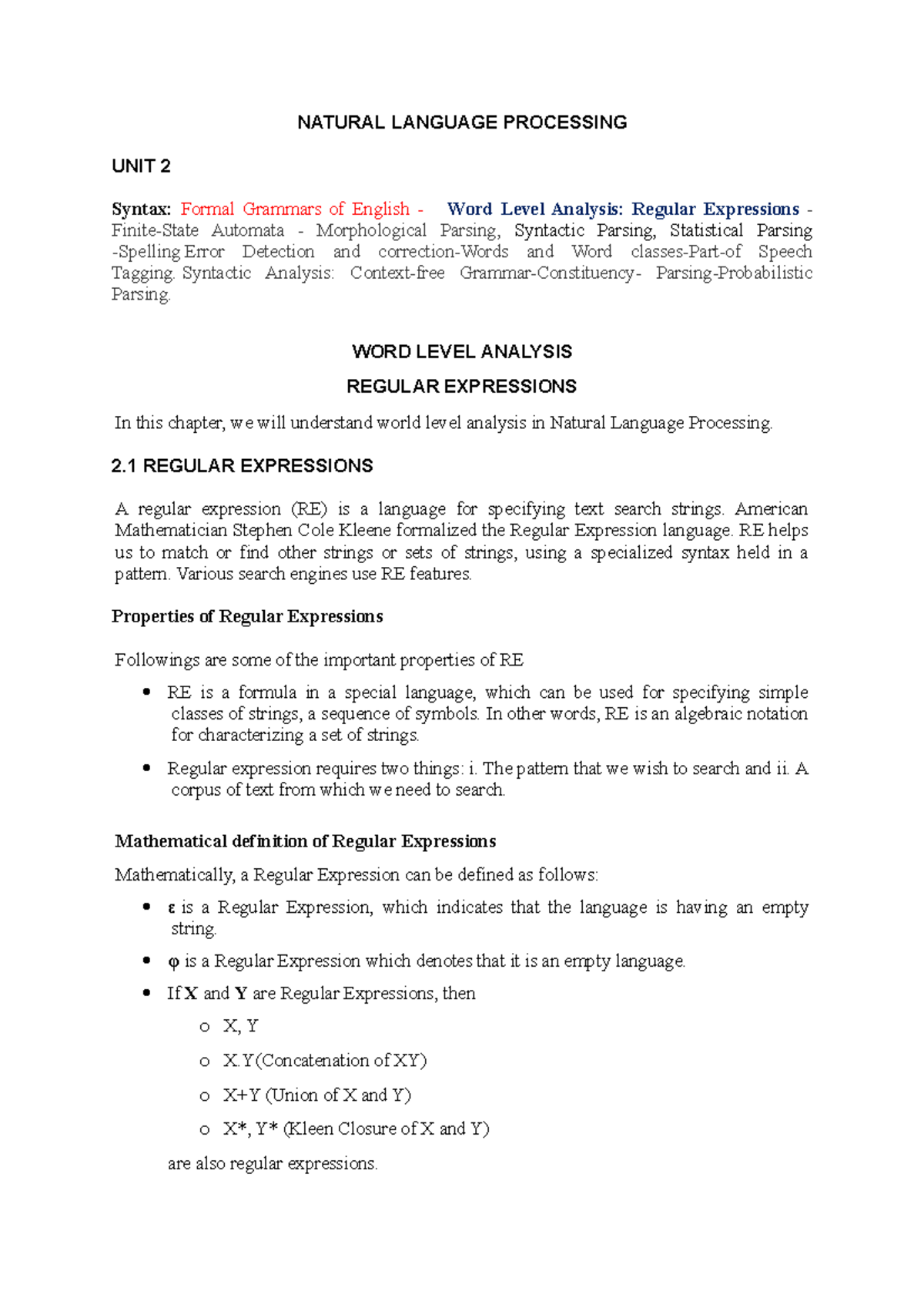 2021 2.1 WORD Level Analysis - REG. EXPR - NATURAL LANGUAGE PROCESSING UNIT 2 Syntax: Formal ...
