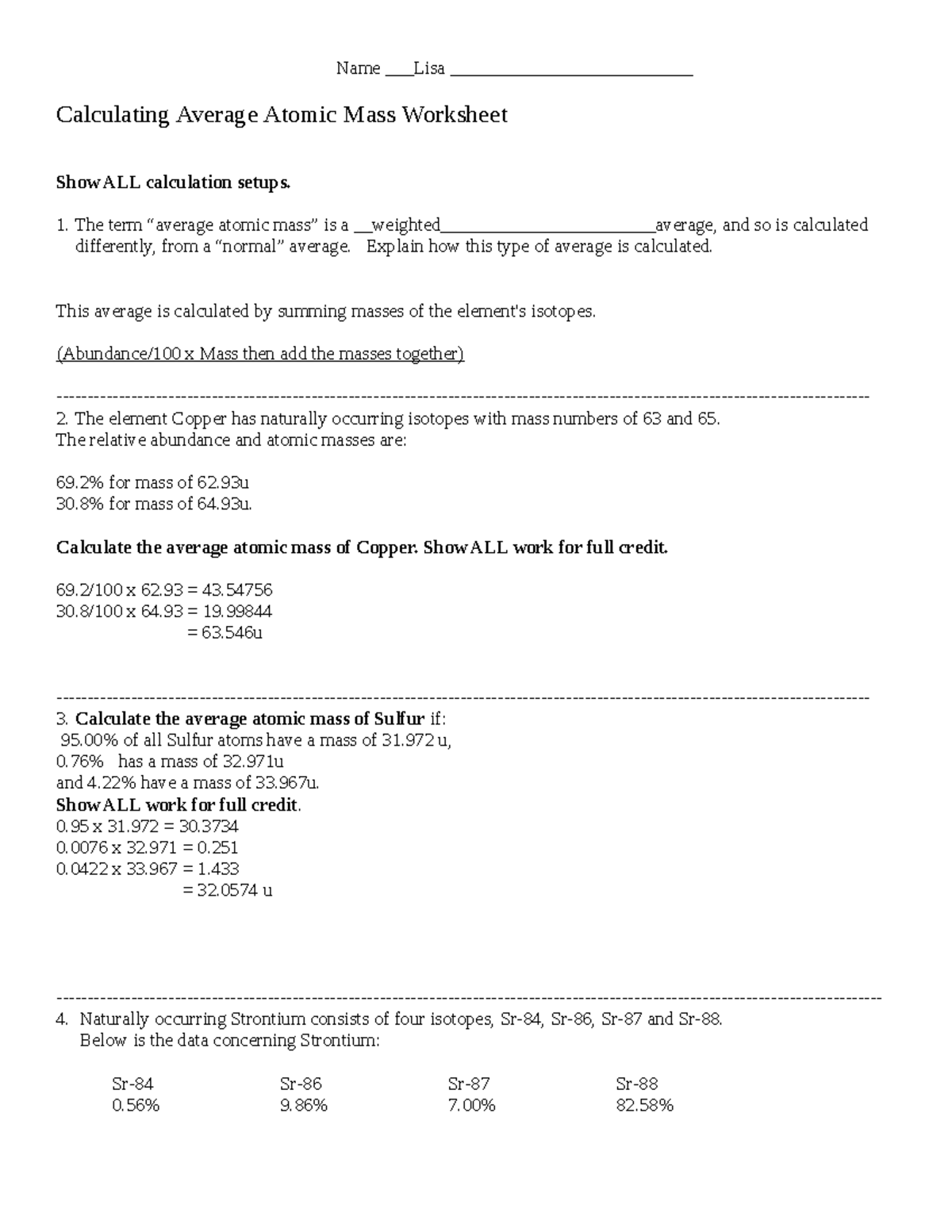 Calculate Atomic Mass Worksheet