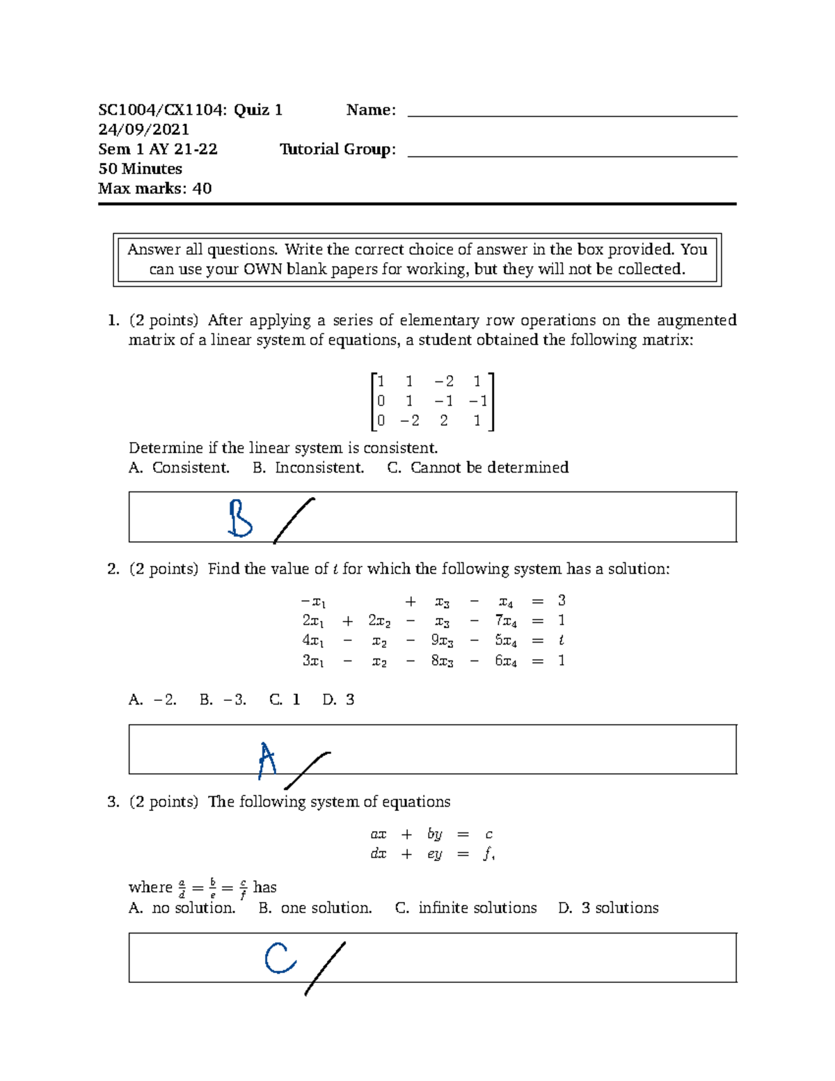 LA Quiz 1 - Linear Algebra Concepts and Solutions - Studocu