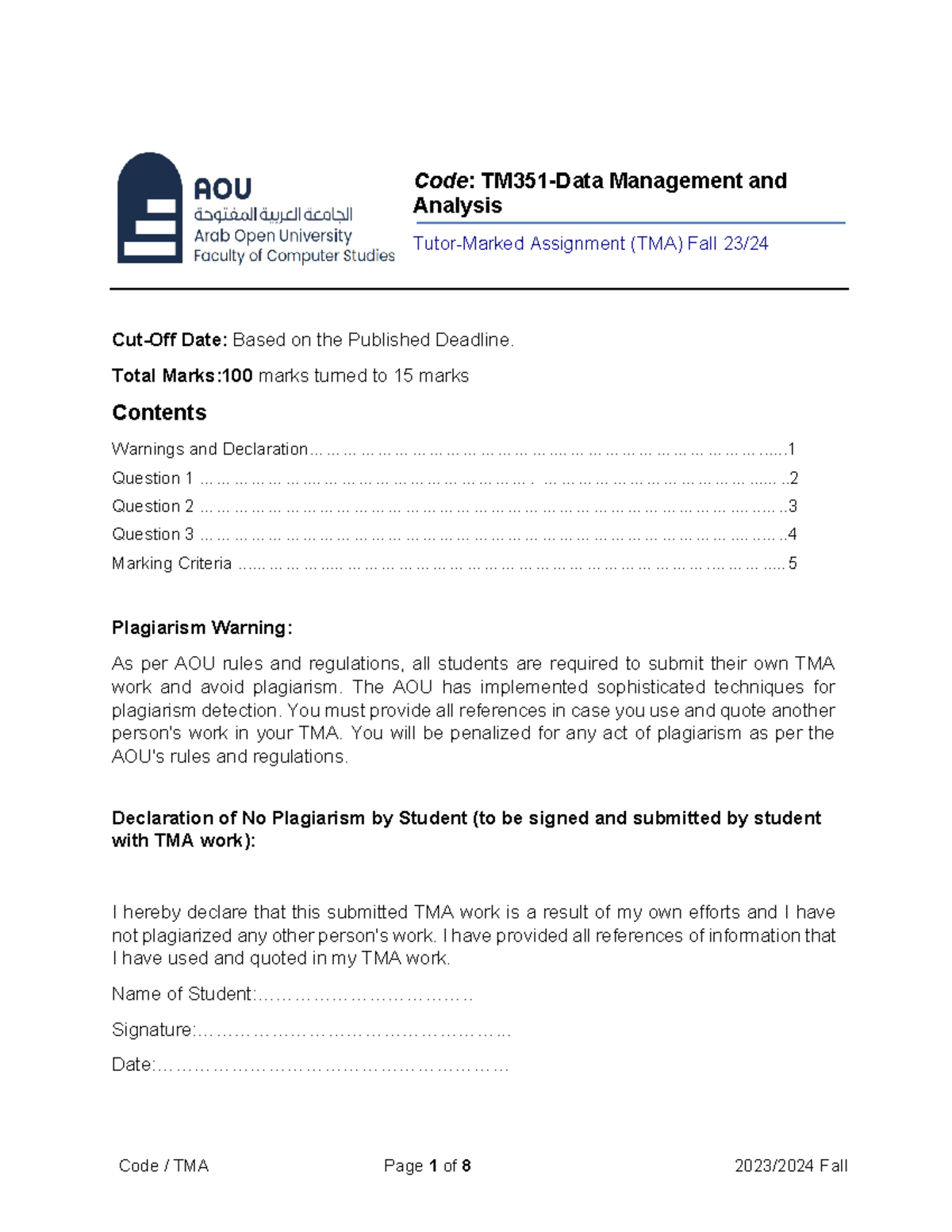 TMA TM-351 Data Management & Analysis Assignment Fall 2023 - Studocu