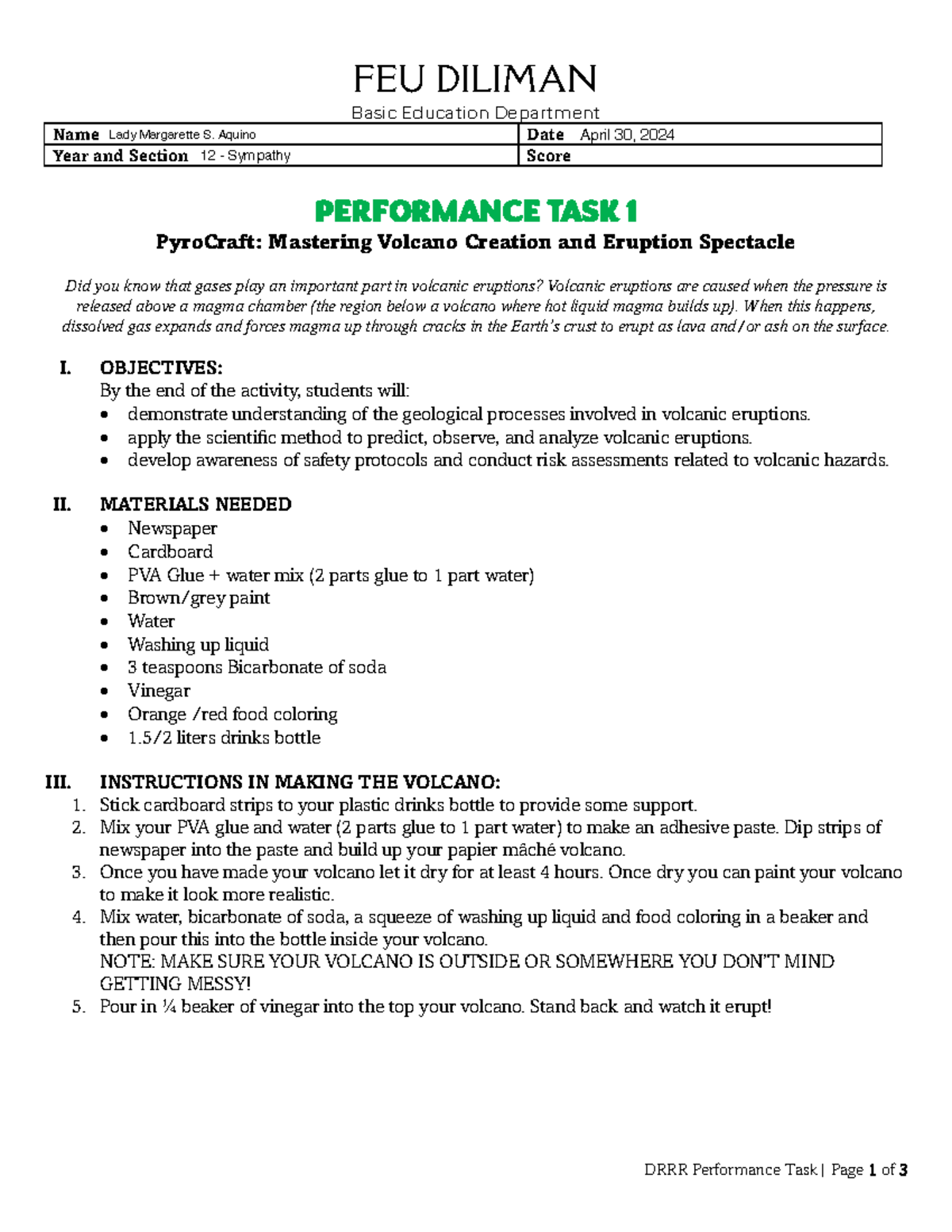 Aquino Volcano PETA DRRR - FEU DILIMAN Basic Education Department DRRR ...