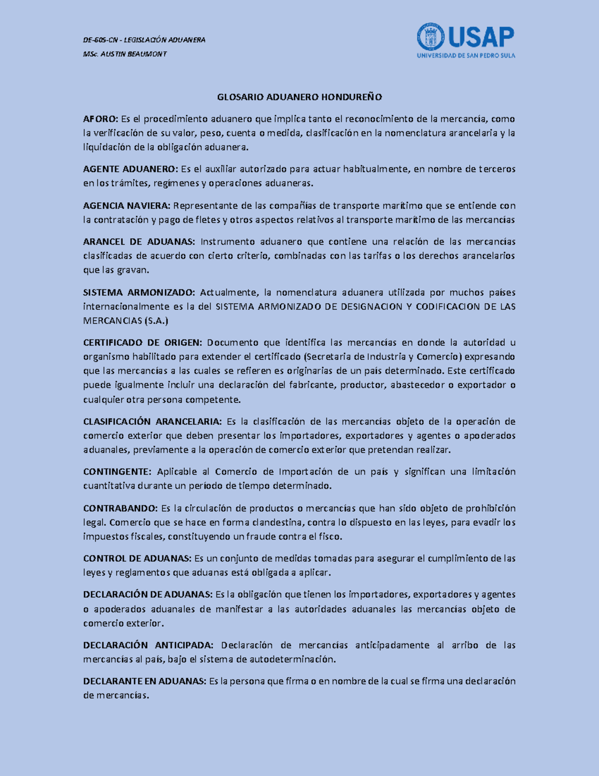 Glosario Aduanero Hondureño: Términos Clave y Definiciones - Studocu