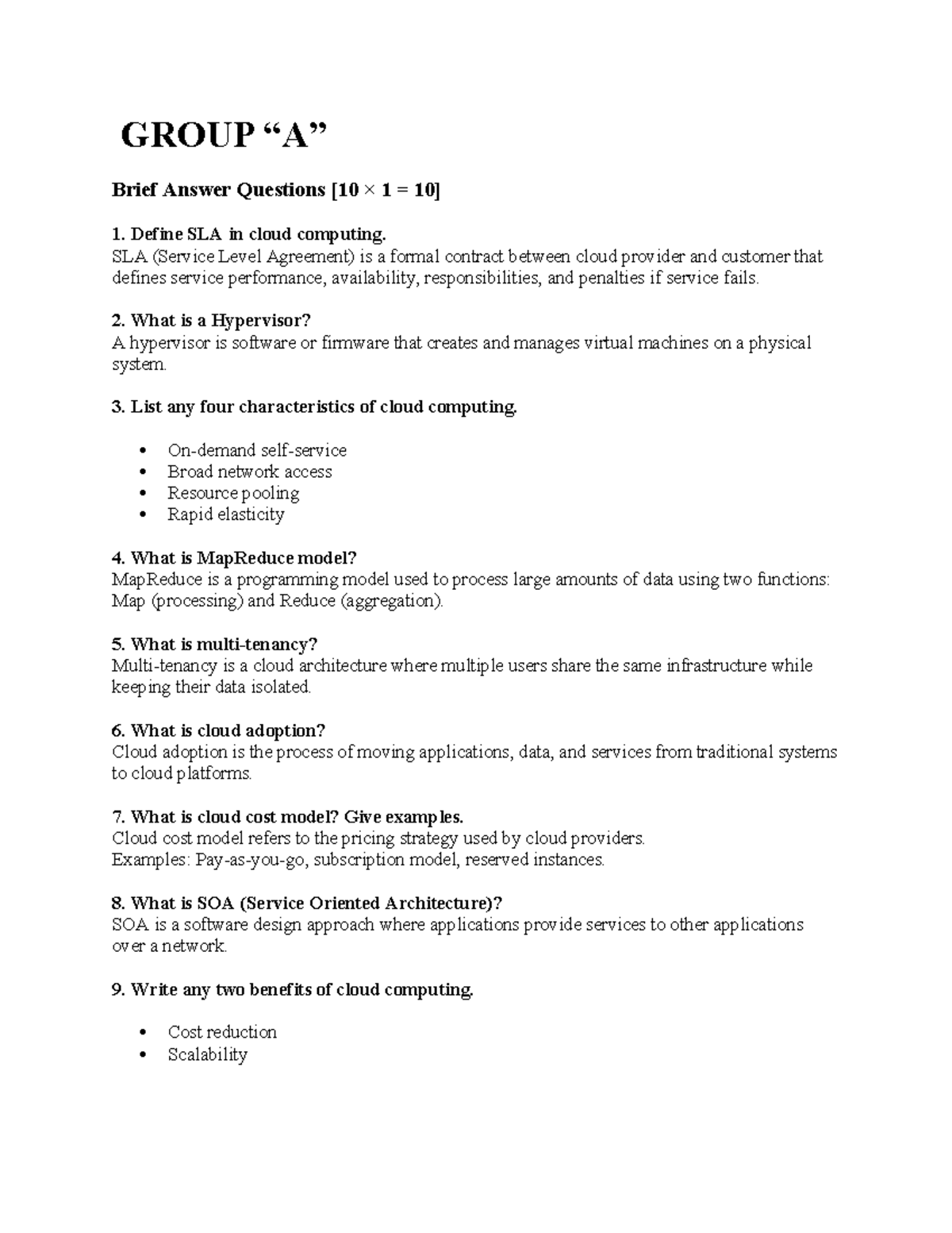CLOUD 101: Group Brief Answer Questions on Cloud Computing Concepts ...