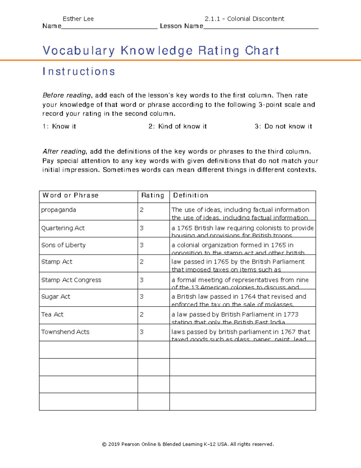 Vocab Knowledge Rating Chart for Lesson Review - Studocu