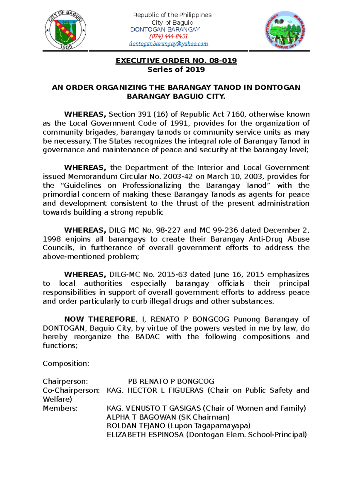 EO 2019: Organizing the Barangay Tanod in Dontogan for Peace & Order ...