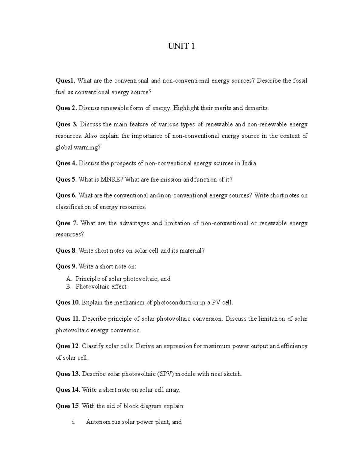 Renewable Energy Sources: Unit 1 Questions and Insights - Studocu