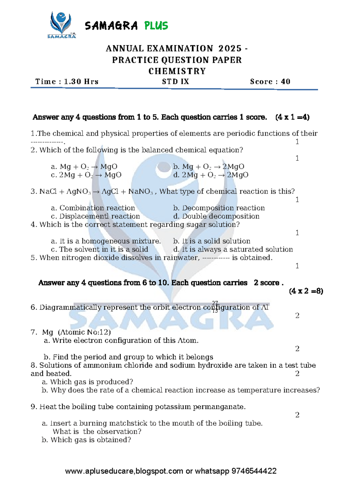 A+ BLOG-STD-9 Annual Exam QP & Answer Keys - Chemistry (EM) - Studocu