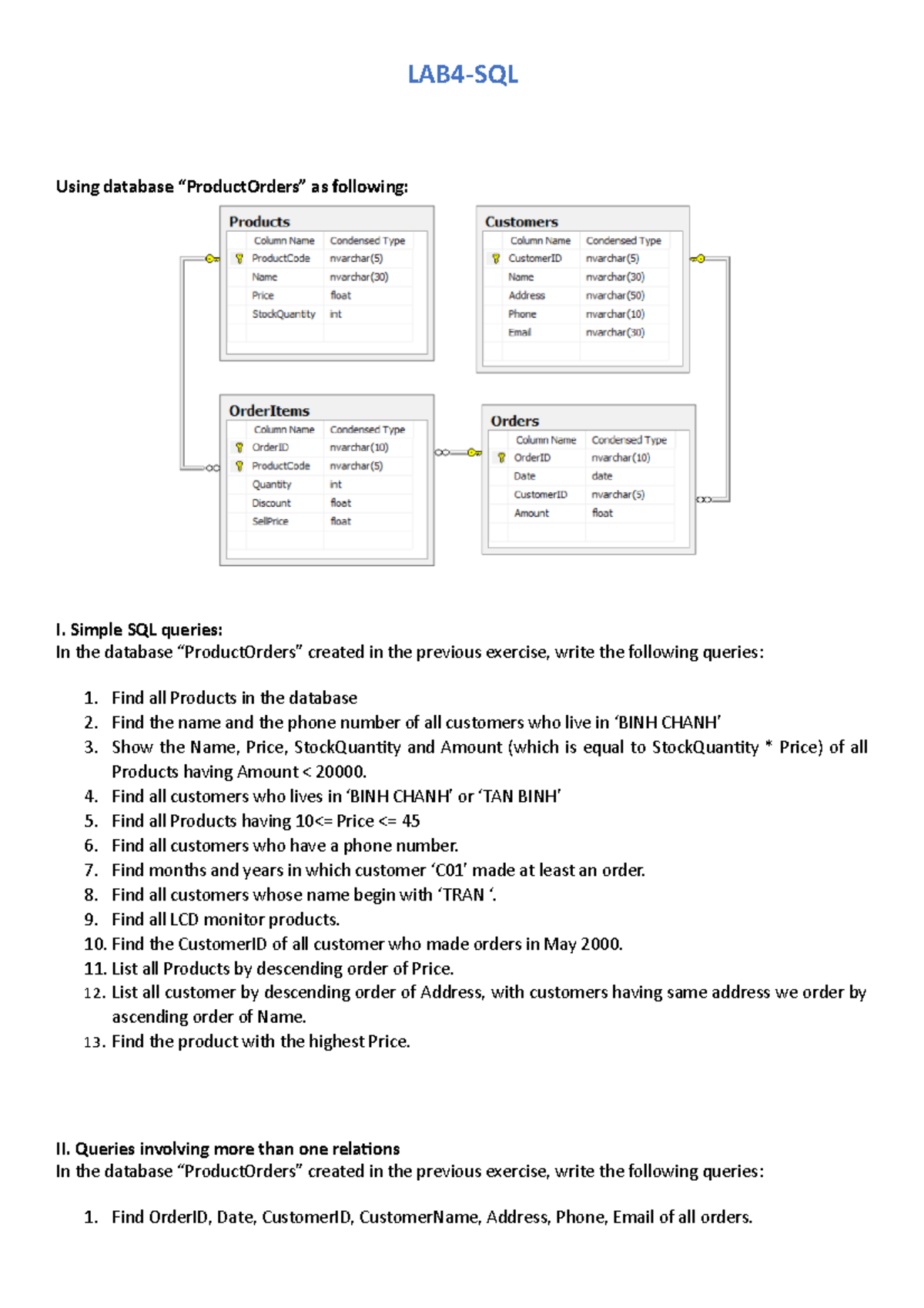 Lab4 SQL - LAB Tạ Đình Tiến - LAB4-SQL Using database “ProductOrders ...